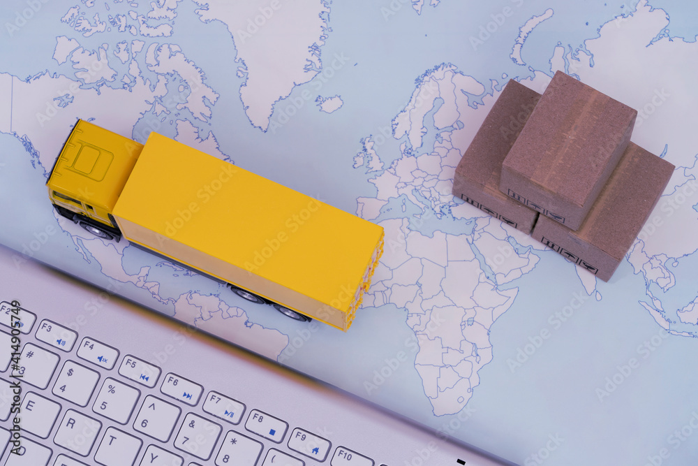 Container truck loading cargo shipping container box with worldmap ...