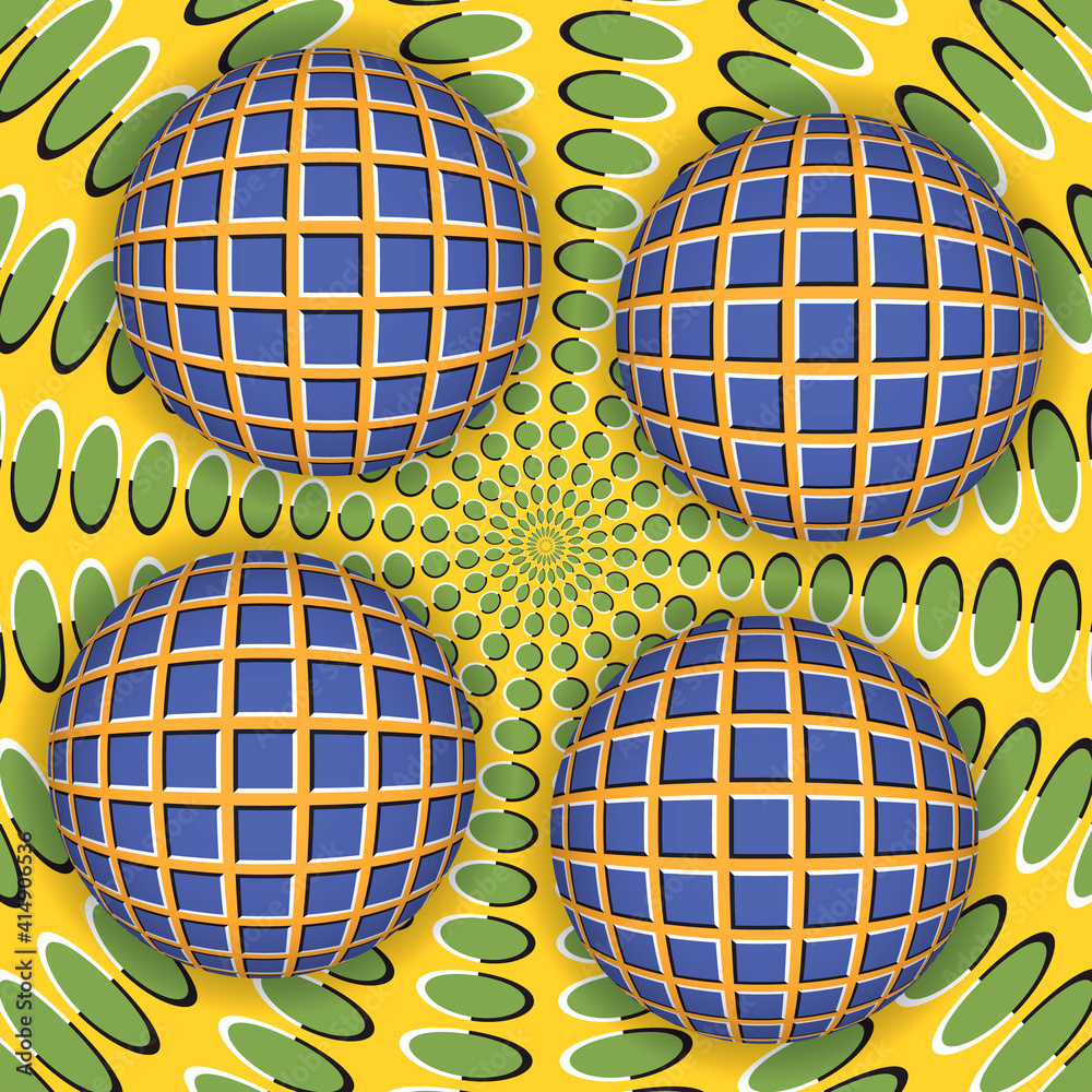 Optical illusion of rotation of four ball around of a moving surface ...