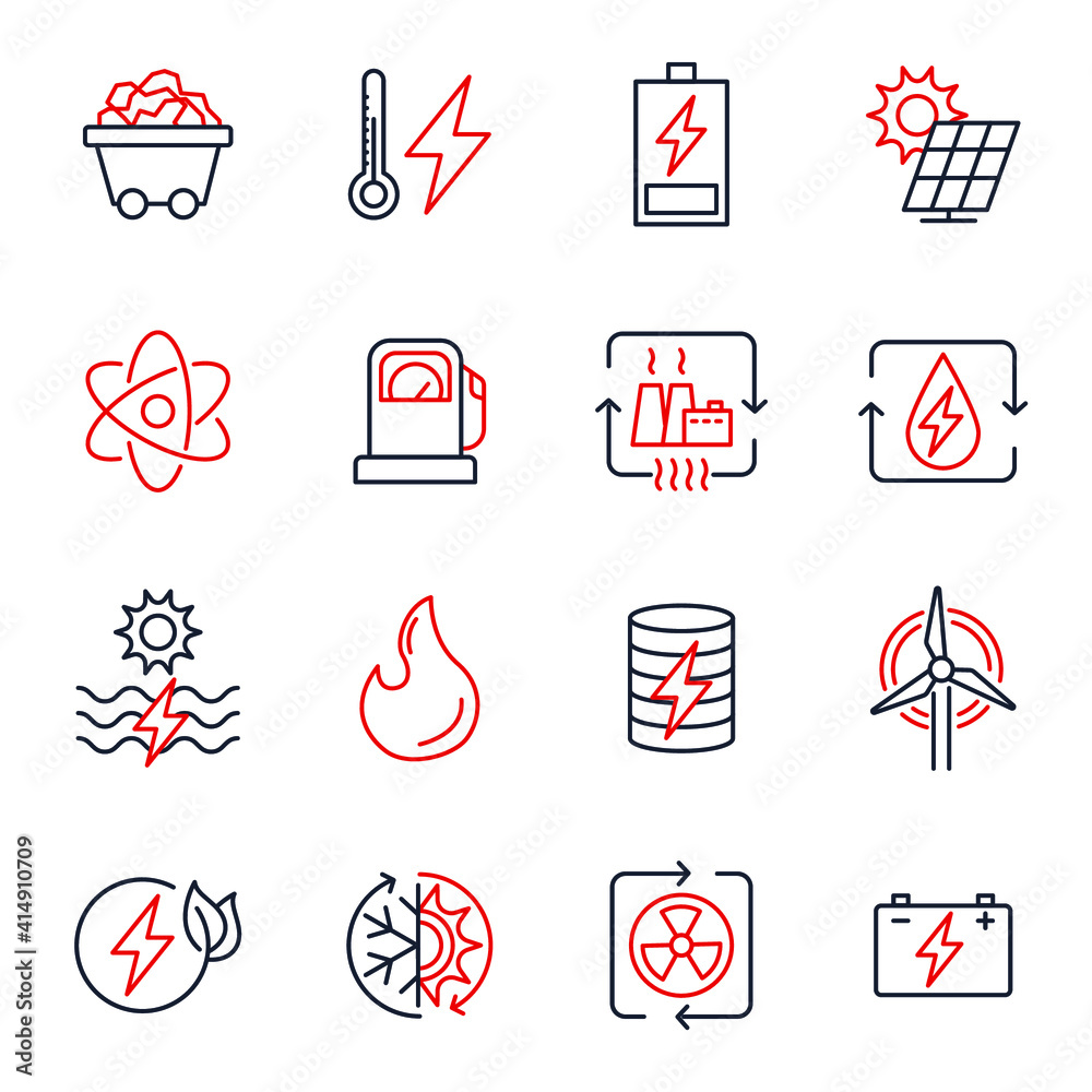 Set of Energy Types icon. Hydroelectric Power Station, Solar Cells and ...