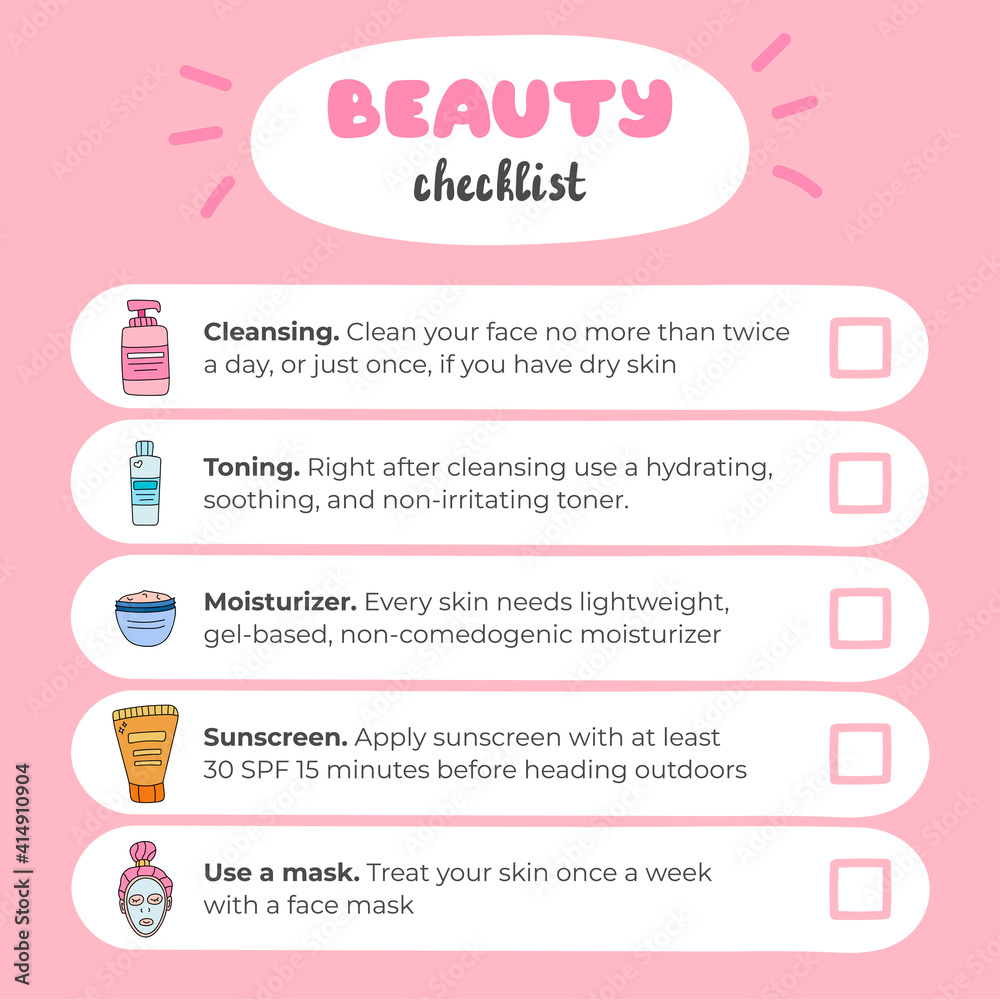Beauty checklist about skin care with cute hand drawn vector ...