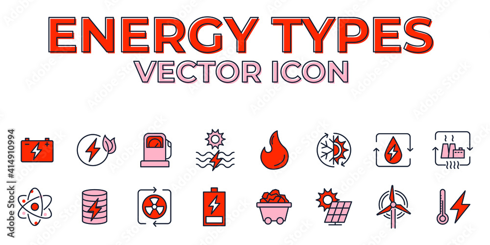 Set of Energy Types icon. Hydroelectric Power Station, Solar Cells and ...