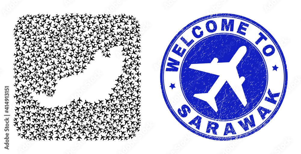 Vector collage Sarawak State map of airlines elements and grunge ...