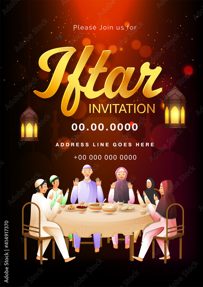 Iftar Invitation Template Layout With Muslim Family Praying Before ...