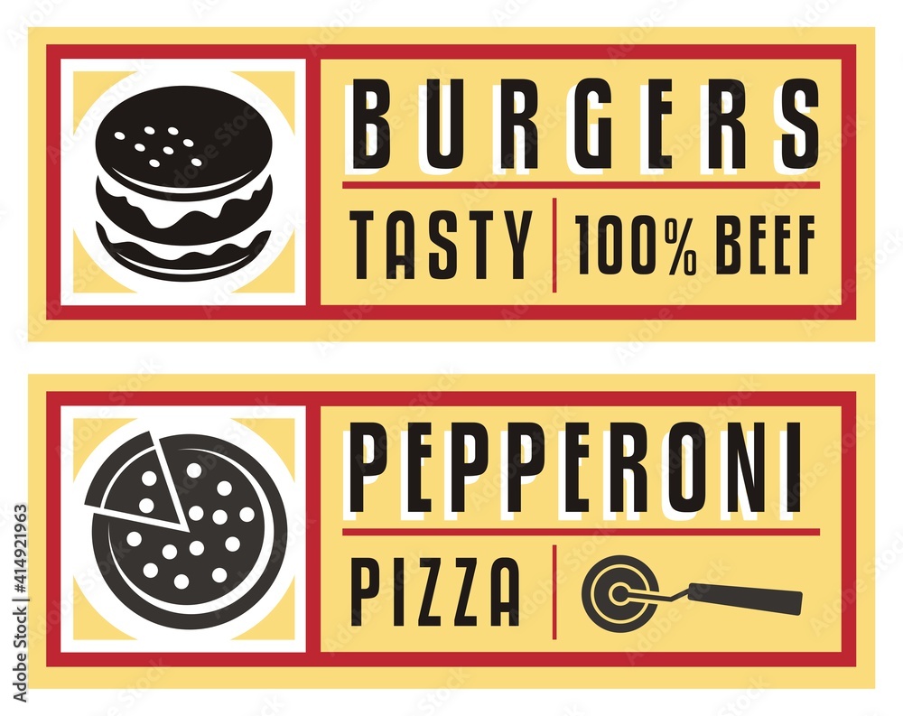 Fast food labels and signs for burger and pizza pepperoni. Retro tags ...