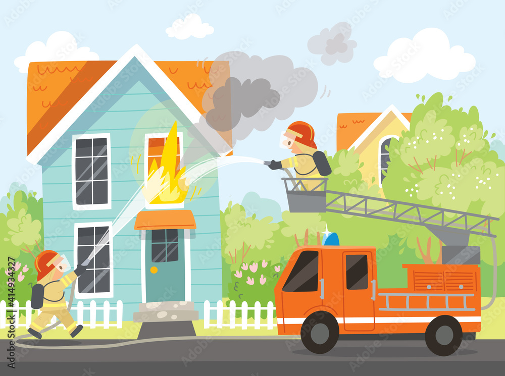 Cartoon Fireman Putting Out Fire