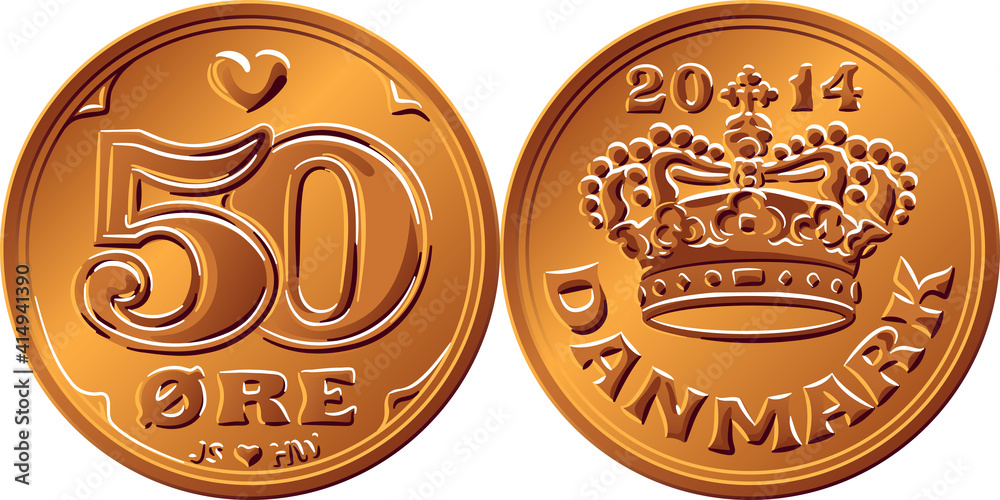Obverse and reverse of Danish money tin-bronze 50 ore coin. Krone ...