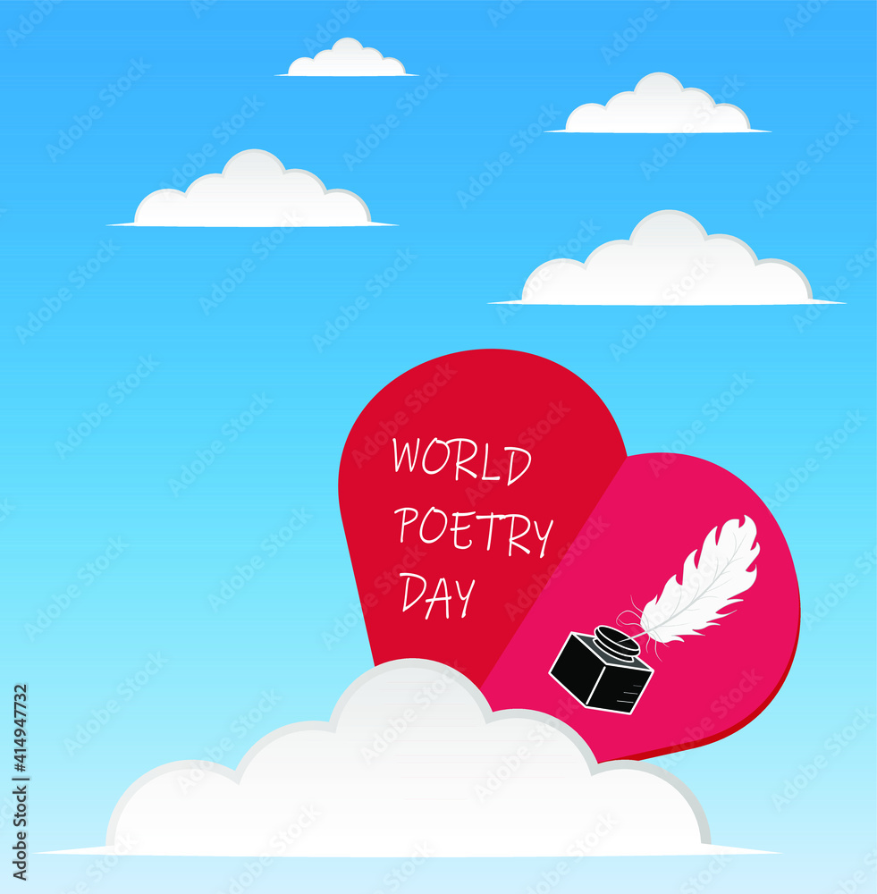 World poetry day vector illustration, sky background with clouds, heart ...