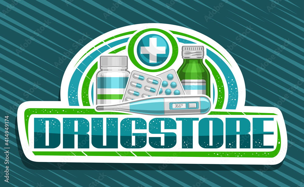 Vector banner for Drugstore, white decorative sign board with unique ...