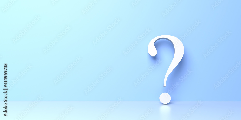 White question mark on blue background with empty copy space on left ...