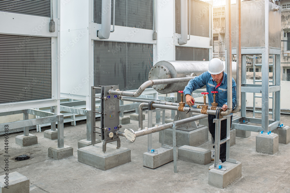 Industrial engineer inspection checking measure position of piping and ...