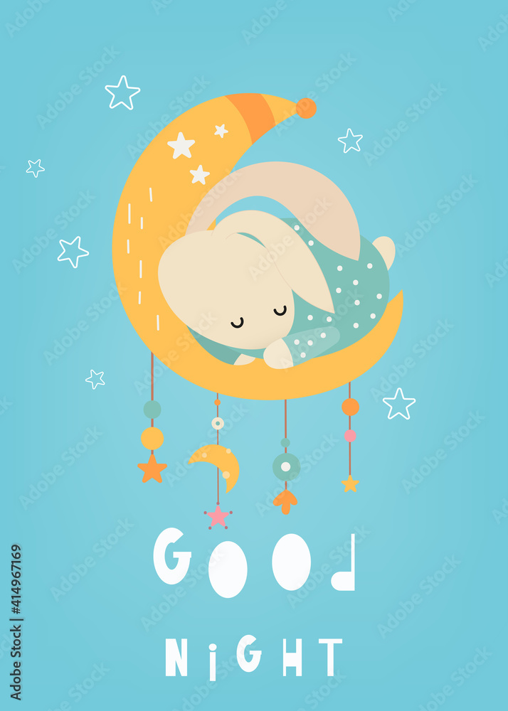 Nursery poster. Cute bunny nursery poster little rabbit sleeping on the ...