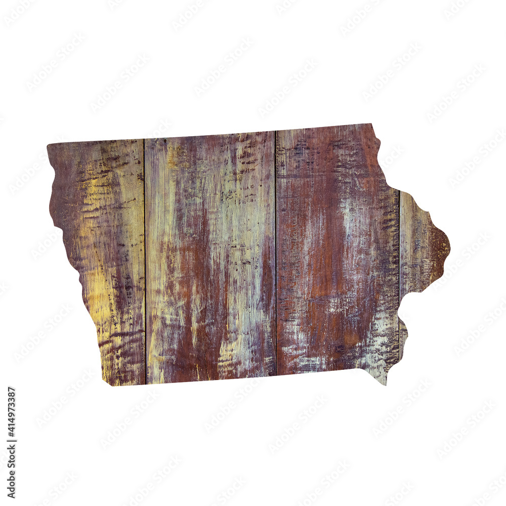 Political divisions of the US. Iowa state in wood texture on white ...