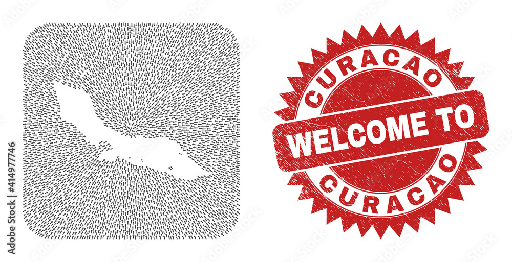 Vector mosaic Curacao Island map of direction arrows and rubber Welcome ...