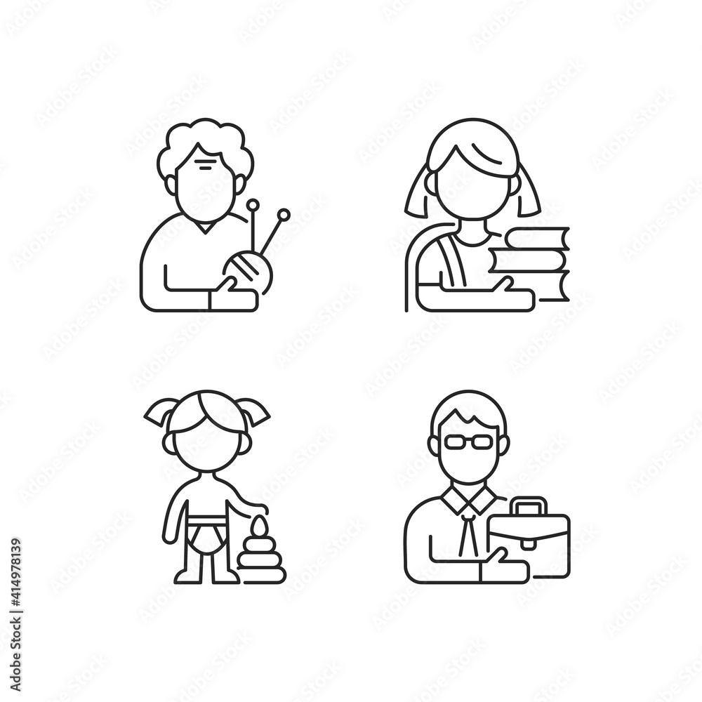 Aging process linear icons set. Elderly woman. Schoolgirl. Female ...