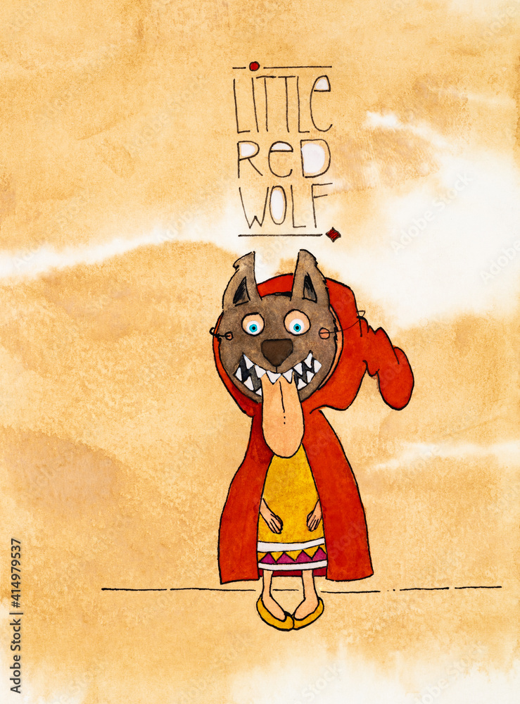 Little red wolf, cute hand painted watercolor illustration of little ...