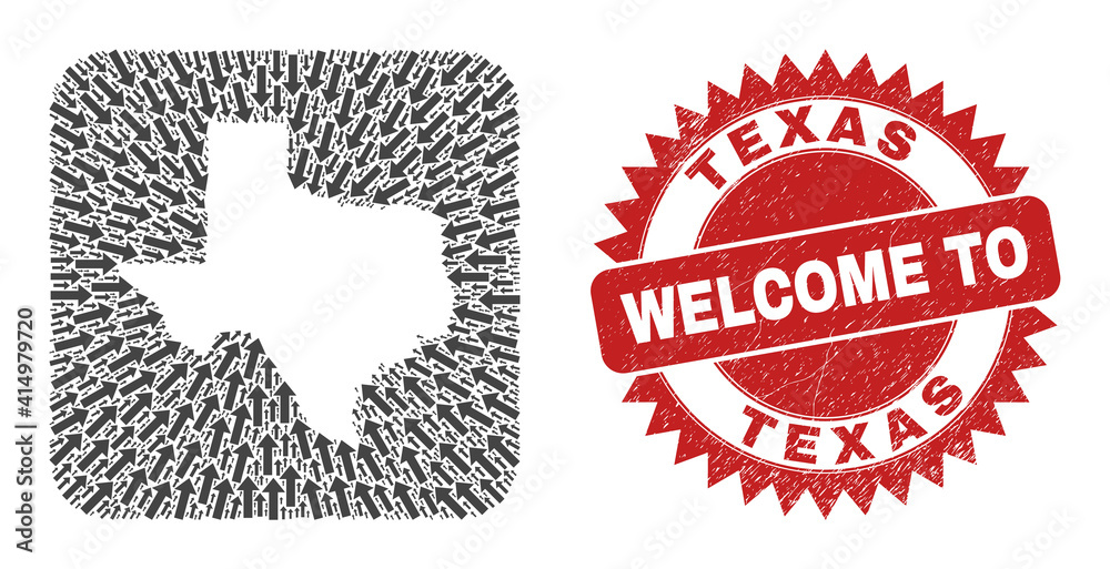 Vector mosaic Texas State map of delivery arrows and scratched Welcome ...