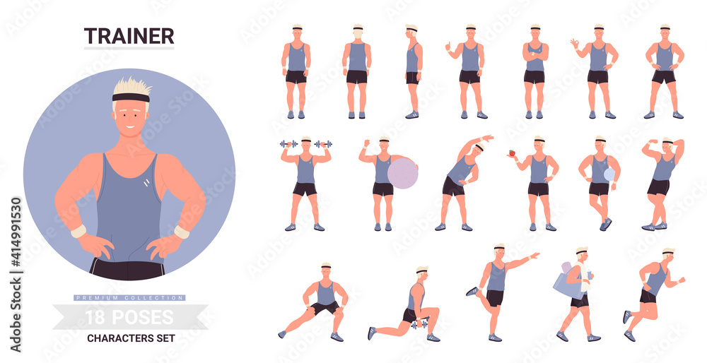 Sport trainer man poses vector illustration set. Cartoon male character ...