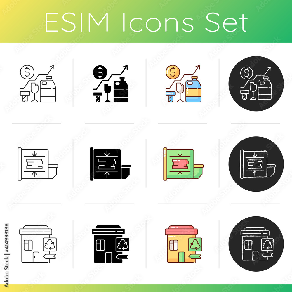 Trash removal icons set. Trash compactor. Waste analytics. Landfill ...