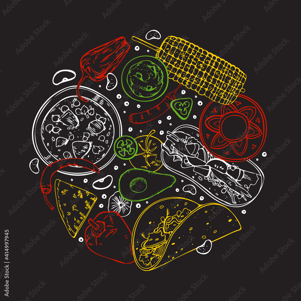 Mexican food. Round composition with traditional dishes and ingredients ...