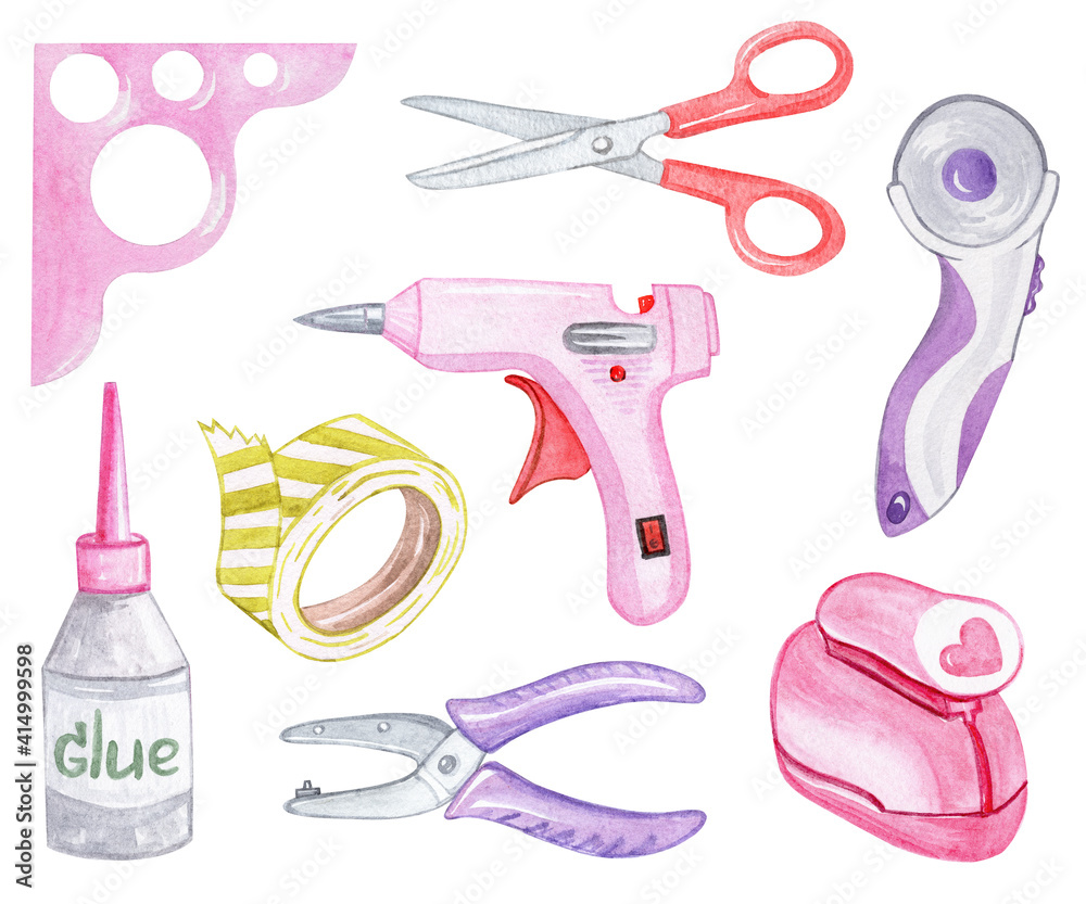 watercolor pink craft tools set isolated on white background. Scrapbook ...