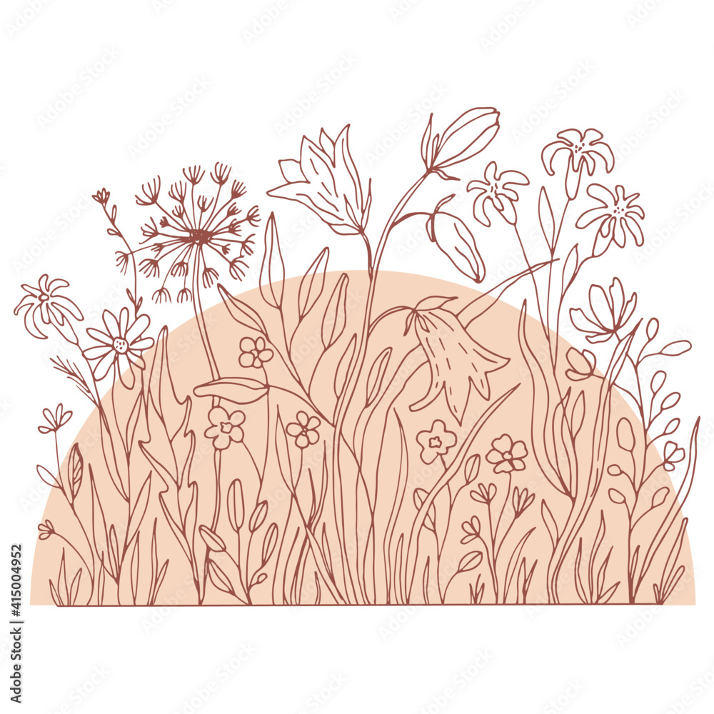 Vector hand drawn botanical art. Neutral beige spring card with flowers ...