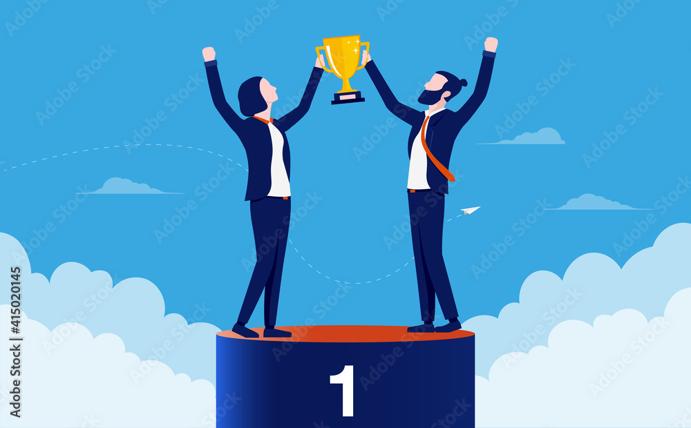 Sharing first place - Man and woman standing on podium cheering with ...