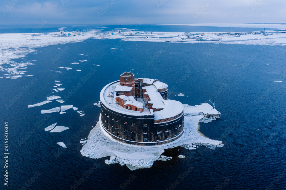 Aerial view of Fort Alexander the First in Kronstadt. Winter is plague ...