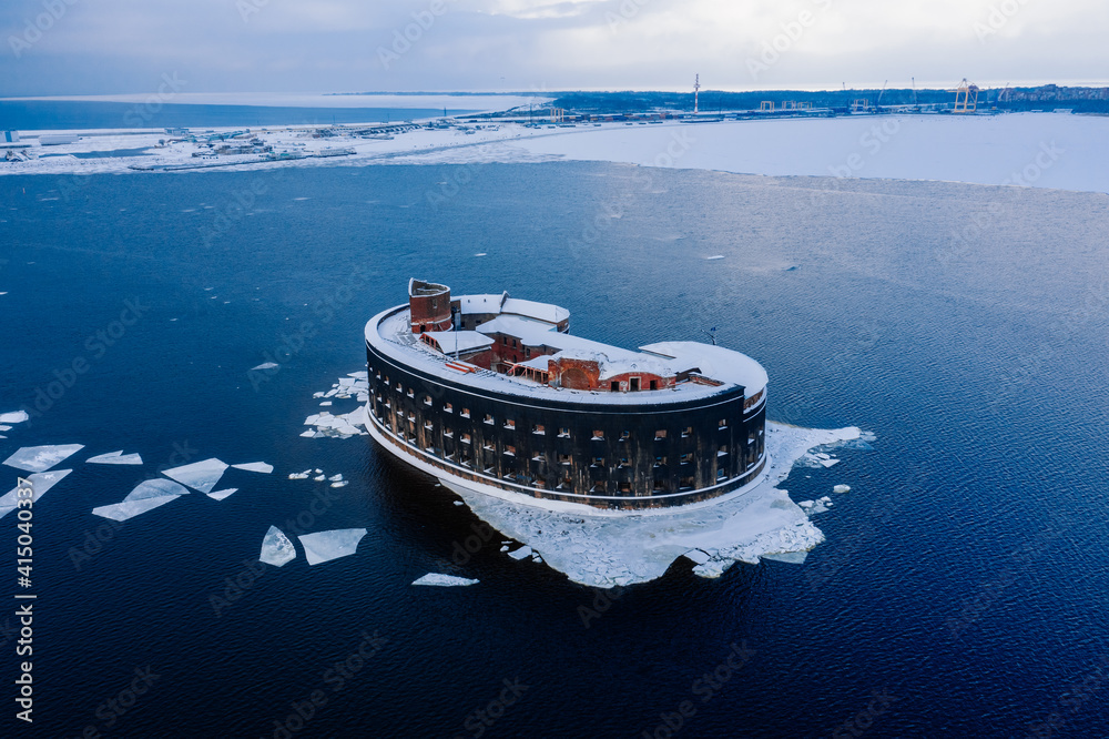 Aerial view of Fort Alexander the First in Kronstadt. Winter is plague ...