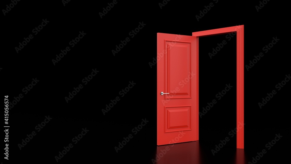 Red door open entrance in black background room. Minimal concept idea ...