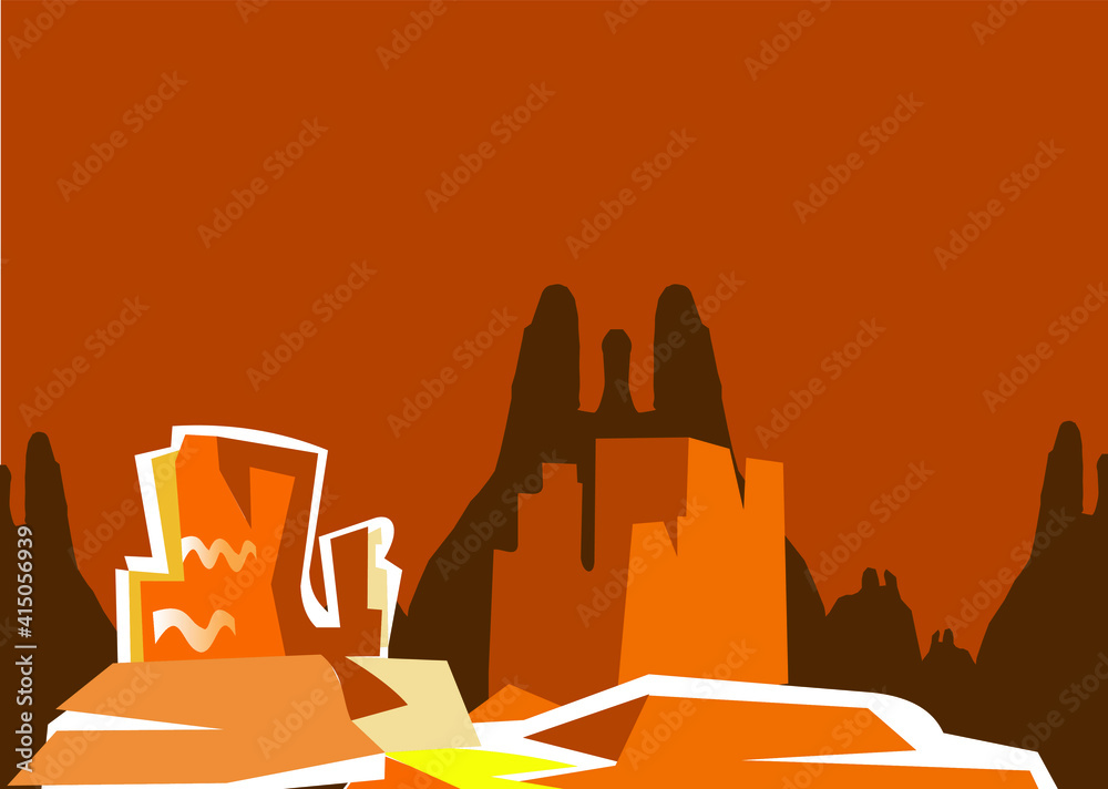 Brown cliff illustration design with mountains silhouettes and dark ...