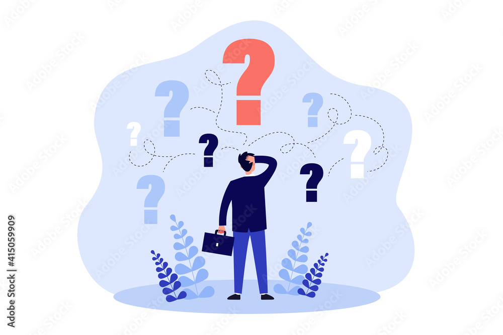 Pensive man standing and making business decision isolated flat vector ...