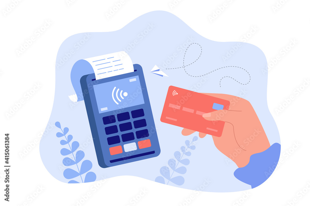 Hand holding debit or credit card for payment flat vector illustration ...