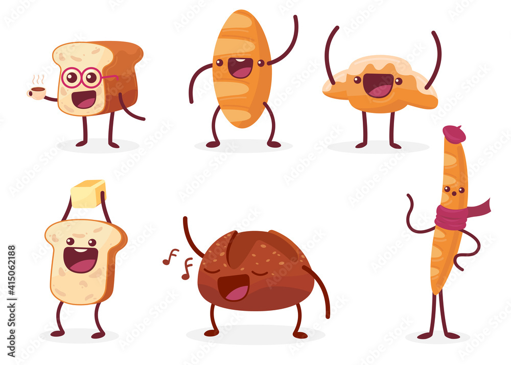 Funny bread set. Cute cartoon loaves, buns, toasts, croissant ...