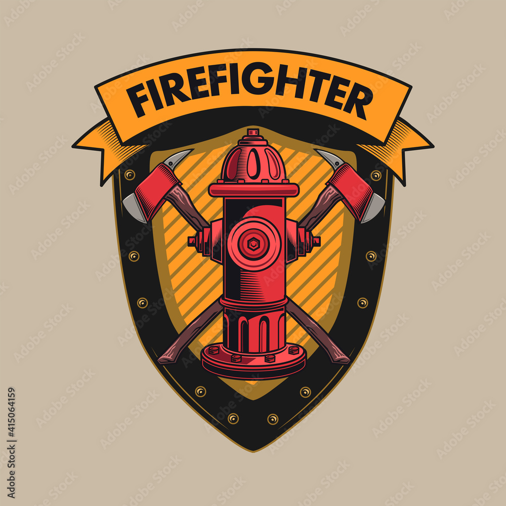 Retro shield for fire department vector illustration. Bright label with ...