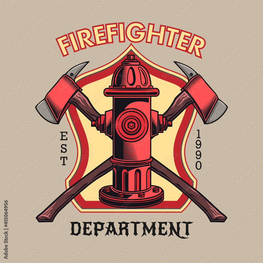 Creative badge with red fire hydrant and crossed axes vector ...