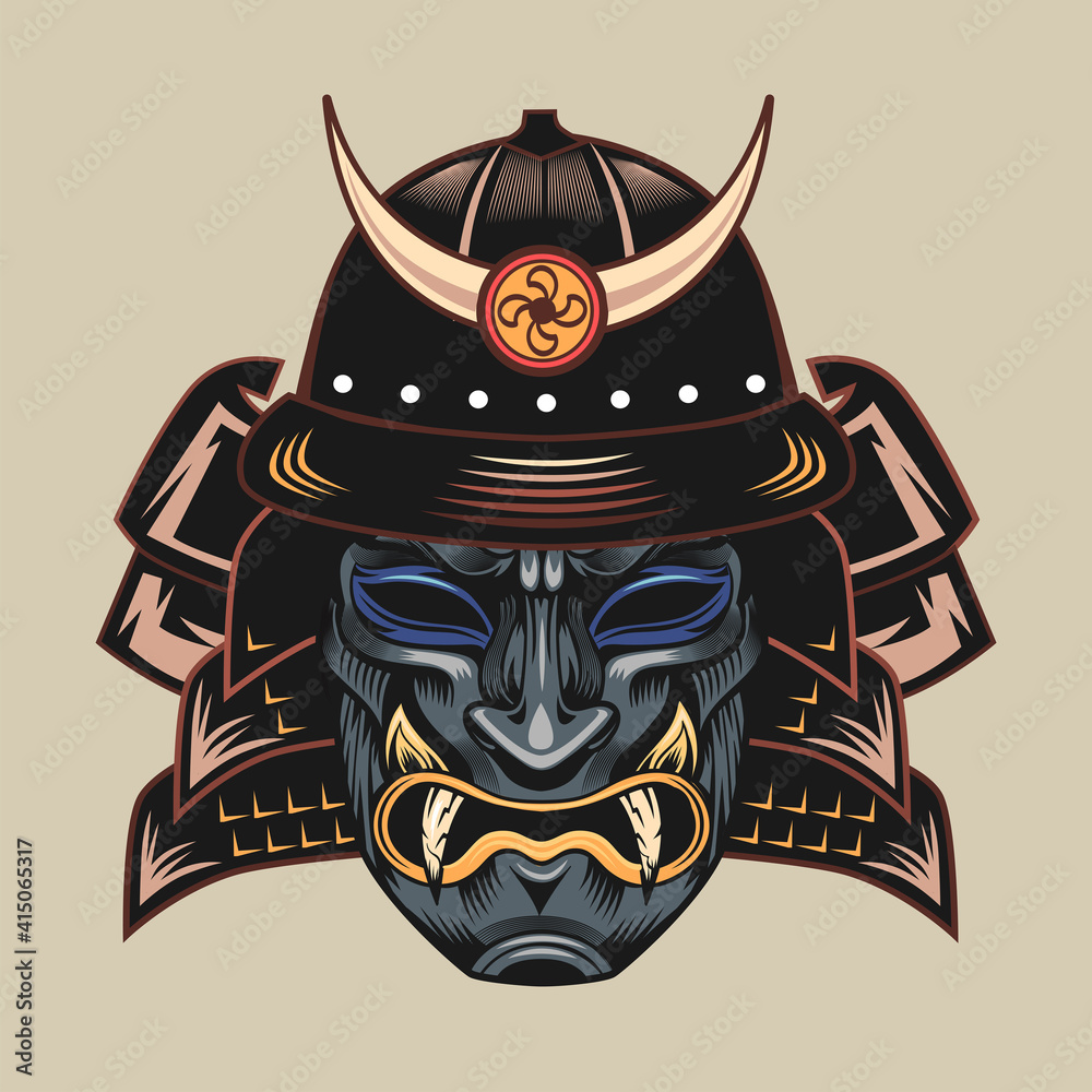 Vetor de Samurai dark blue monstrous mask. Japanese warrior or fighter ...