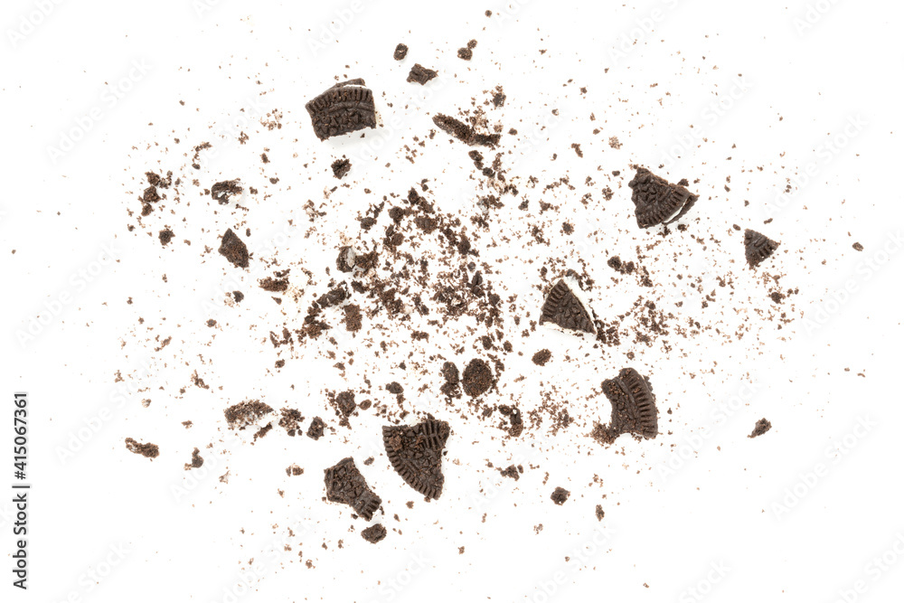 Biscuits chocolate with crumbs on white background. It is a chocolate cookies with a sweet cream ...