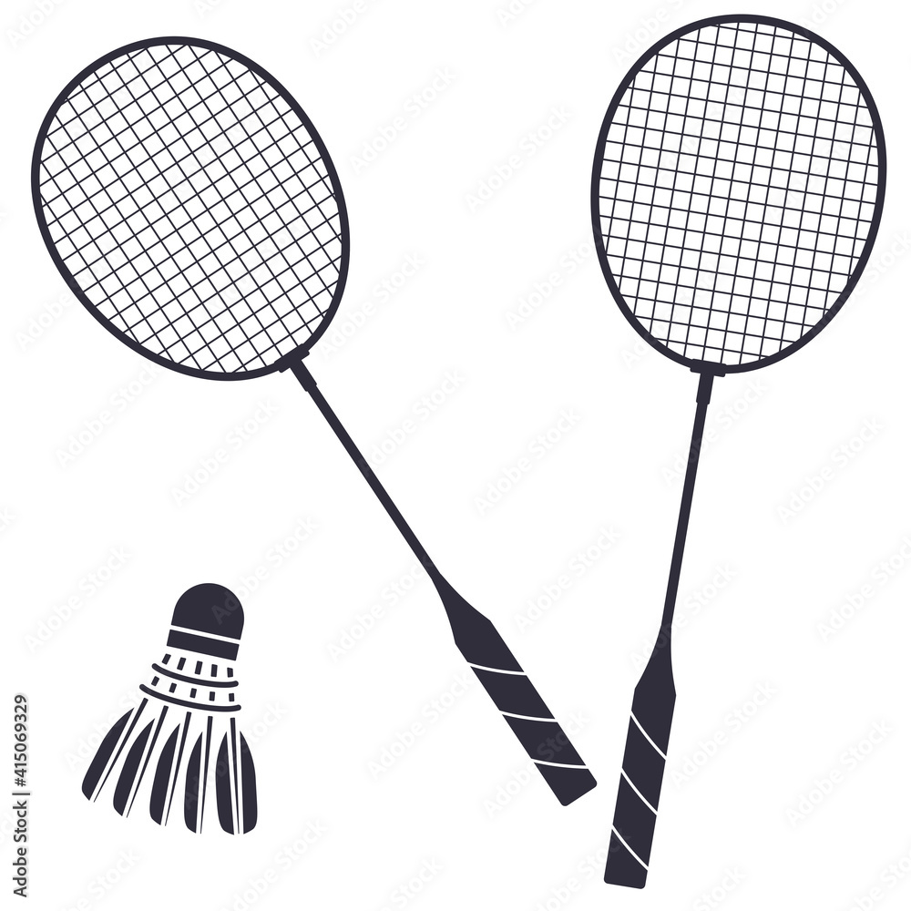 Two badminton rackets and a shuttlecock. Black illustration isolated on ...