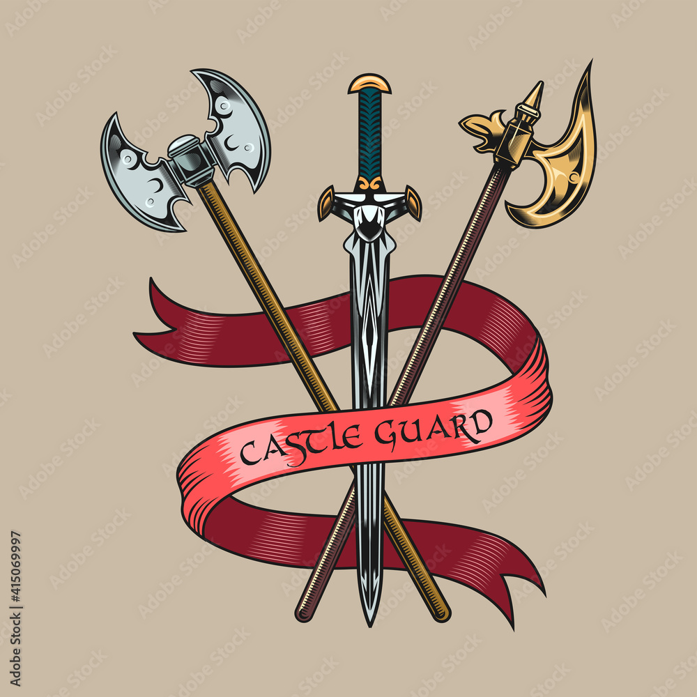 Trendy vintage badge with medieval weapon vector illustration. Colorful ...