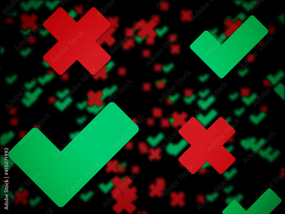 Multiple check and x marks with bokeh effect. Mixed reaction, 50-50 or ...