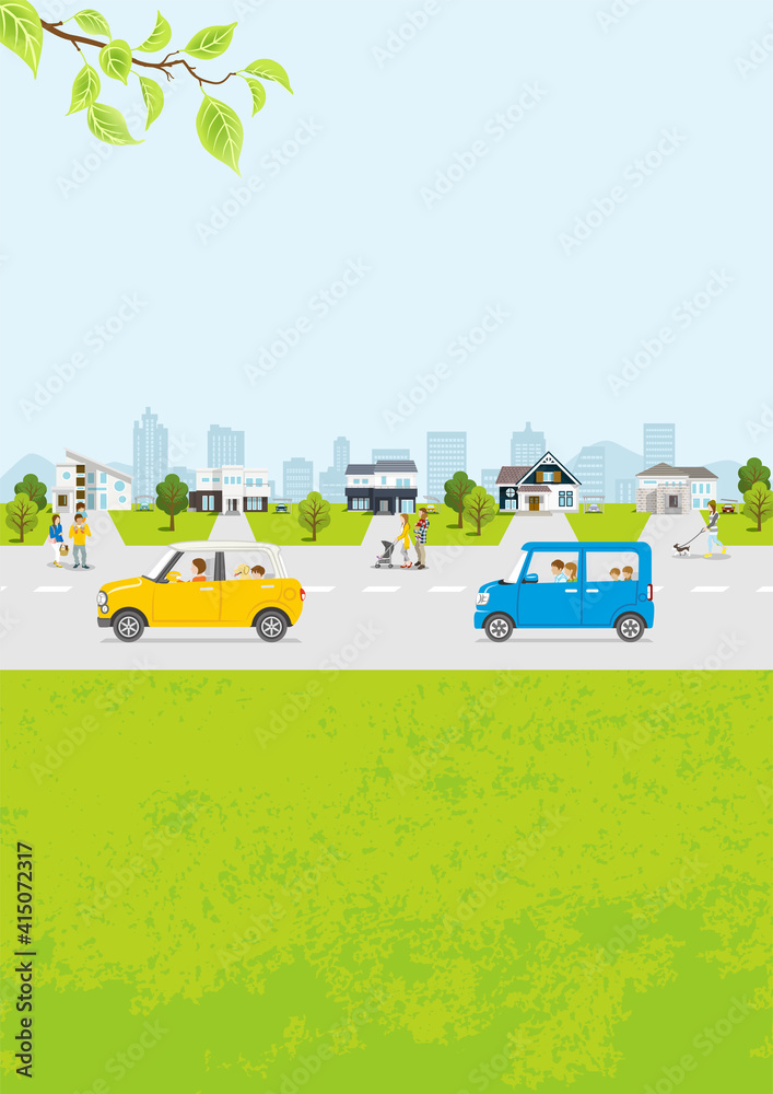 People and car in the residential area, Springtime townscape - vertical ...