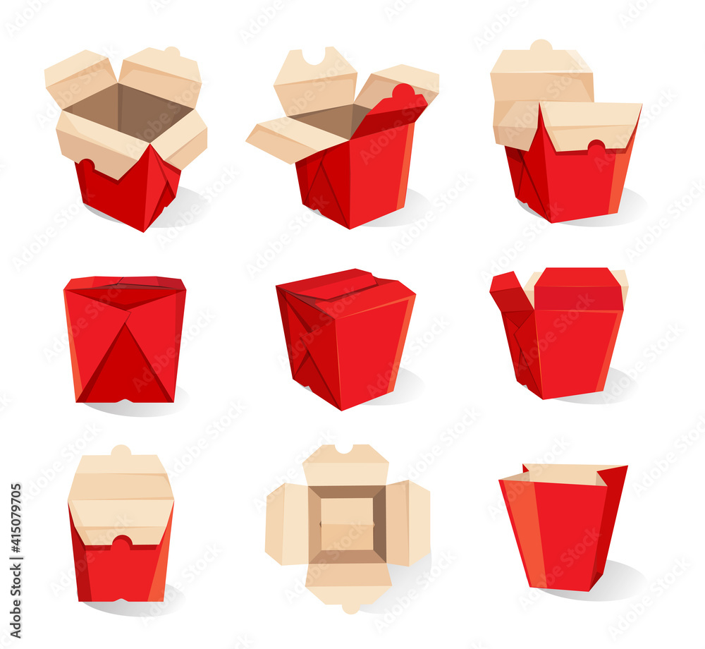 Takeaway food box set isolated on white background, cardboard noodle ...