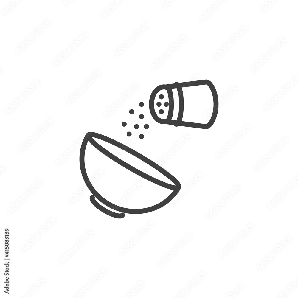 Adding salt to bowl line icon. Cooking ingredient linear style sign for ...