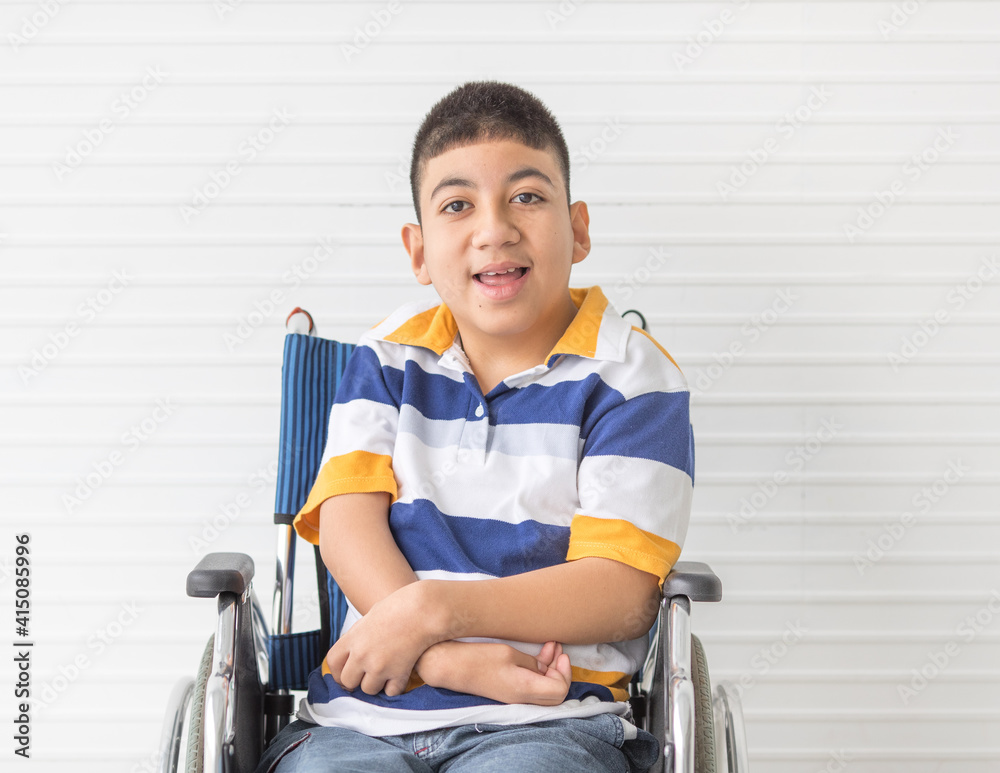 Portrait of disable kid boy on wheelchair with happy smile face Stock ...