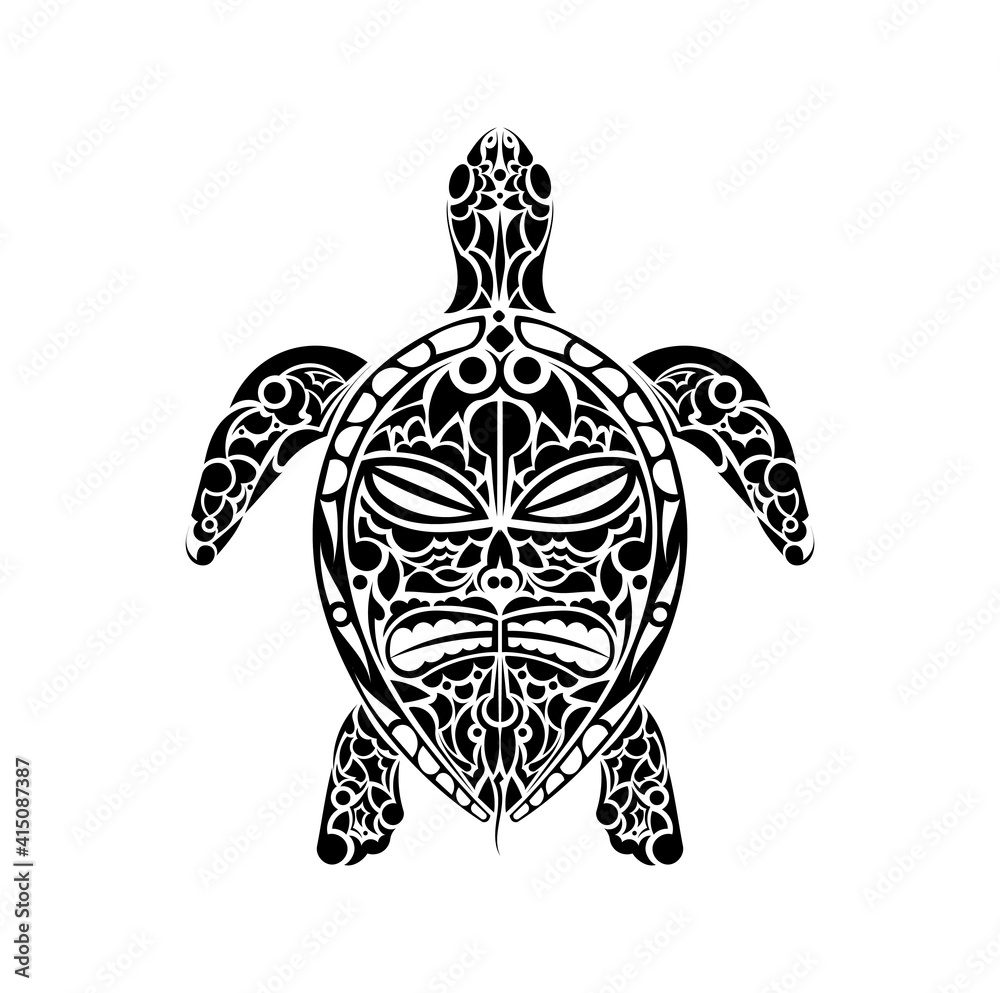 Tribal Polynesian turtle pattern. Turtle with a mask on its shell, a ...