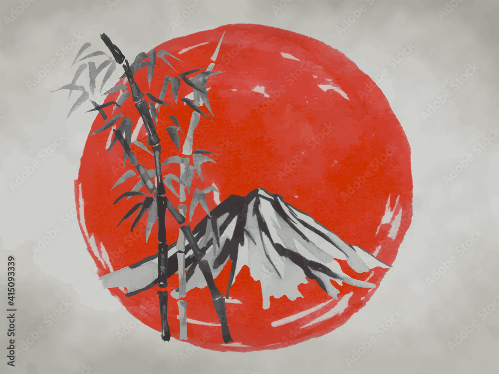 Japan traditional sumi-e painting. Fuji mountain, sakura, sunset. Japan ...