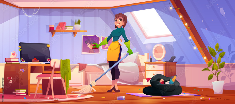 Woman clean teenager room, mother, housewife or cleaning service staff ...
