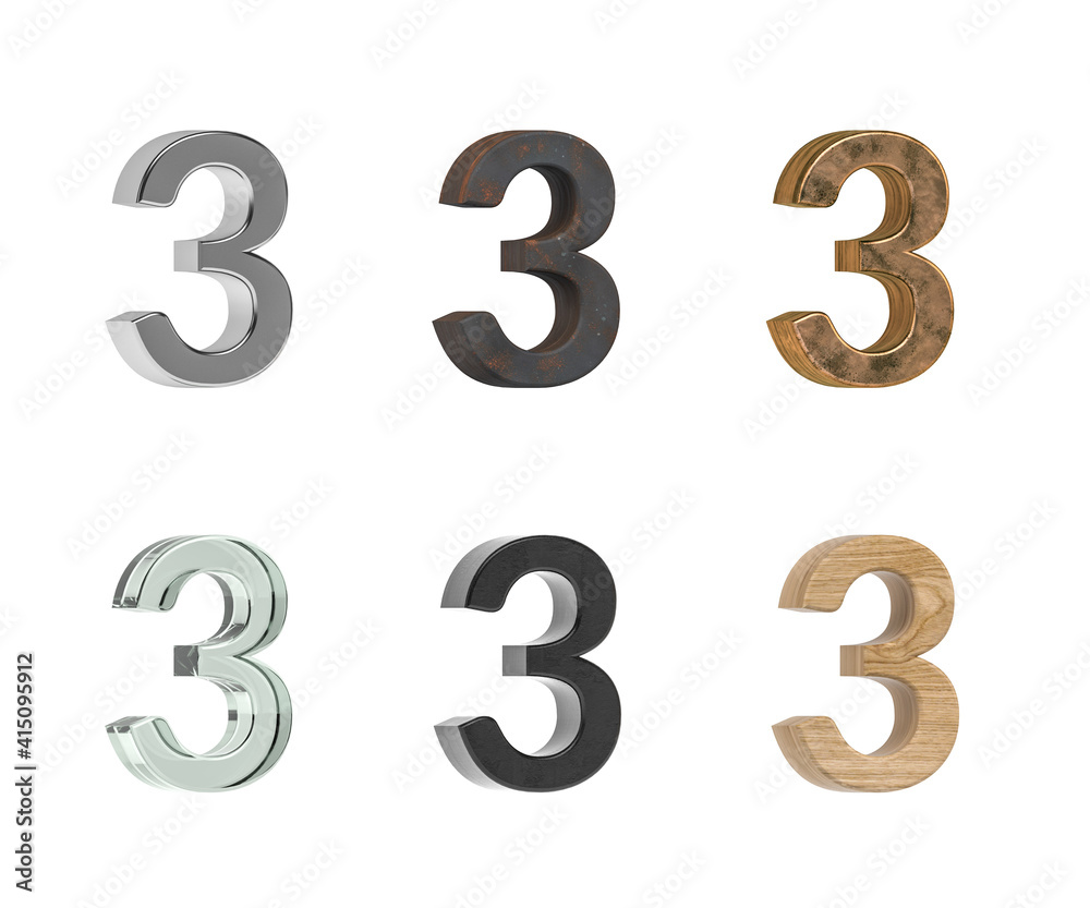 Three dimensional digit 3 with six types of textures - metal, rust ...