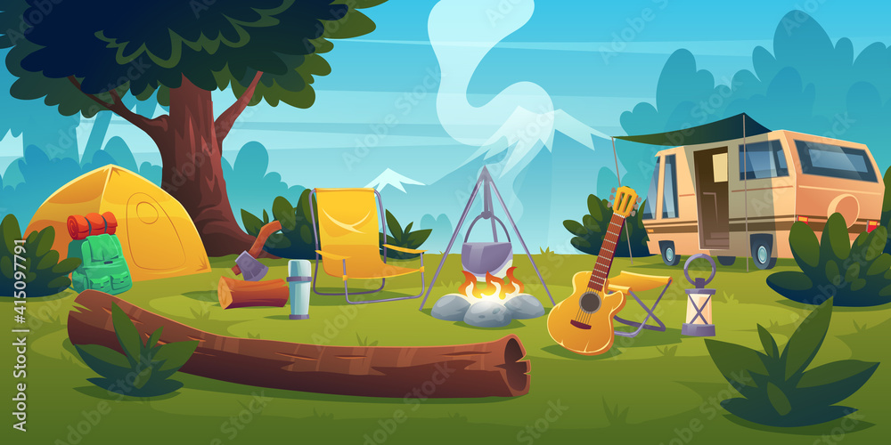 Summer camp with bonfire, tent, van, backpack, chair and guitar. Vector ...