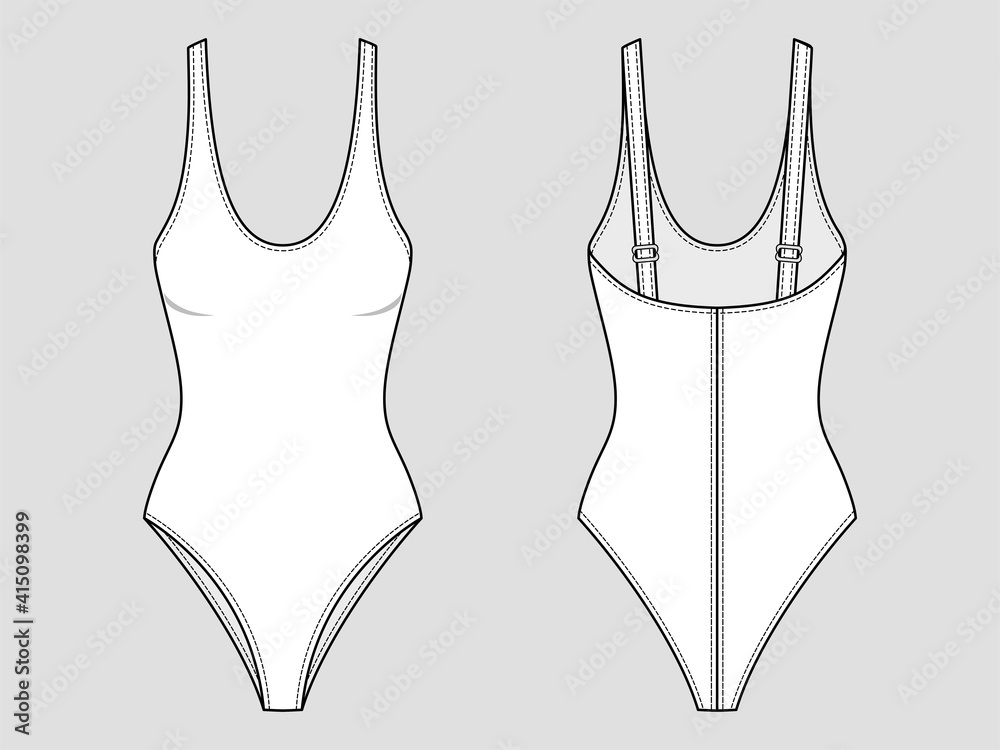 Basic one-piece swimsuit with a plunging neckline. Mockup template ...